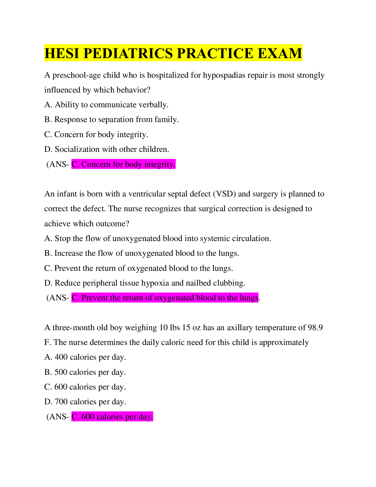 HESI PEDIATRICS EXAM/Latest 2022;2023/ Chamberlain College of Nursing ...