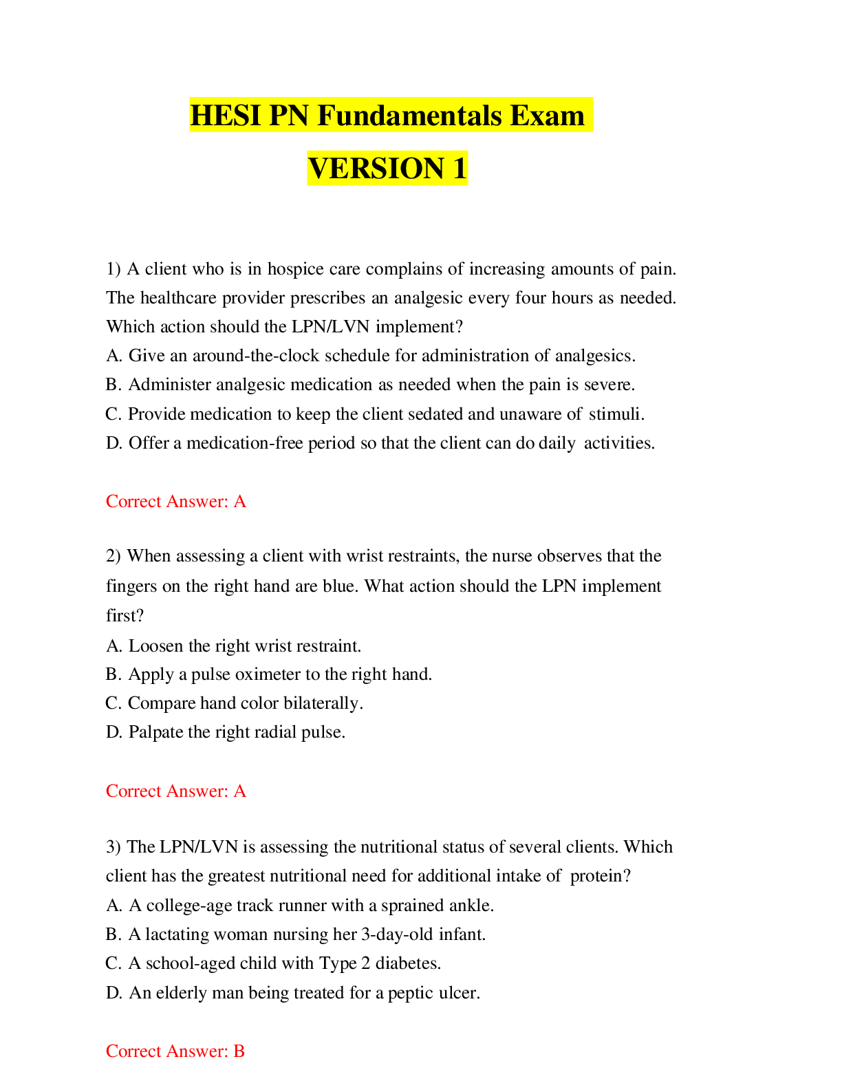 HESI PN Fundamentals Exam Version 1 Questions & Answers with Rationale ...