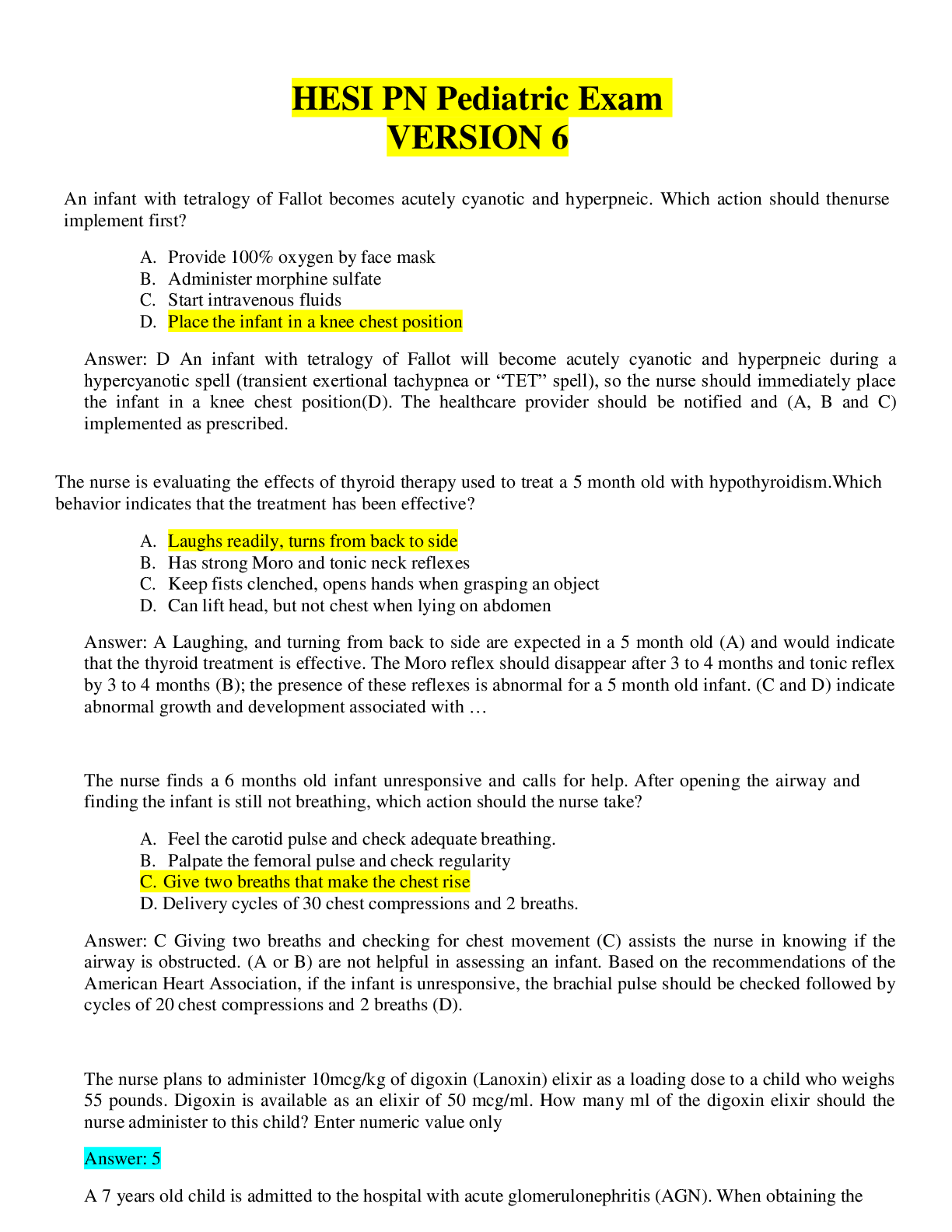 HESI PN Pediatric Exam Vversion 6 Questions & Answers with Rationale ...