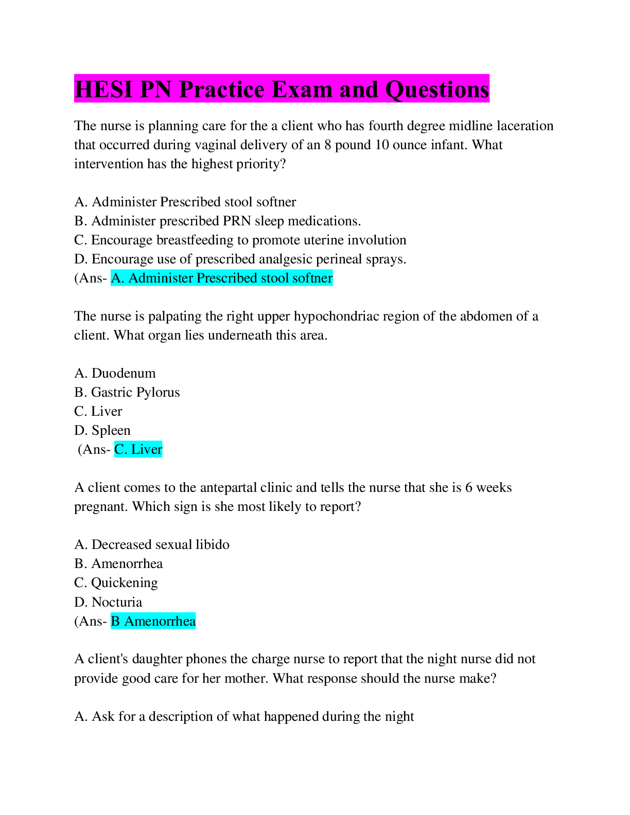 HESI PN Practice Exam ; Latest A+ Score Solution; HESI PN Practice Exam ...