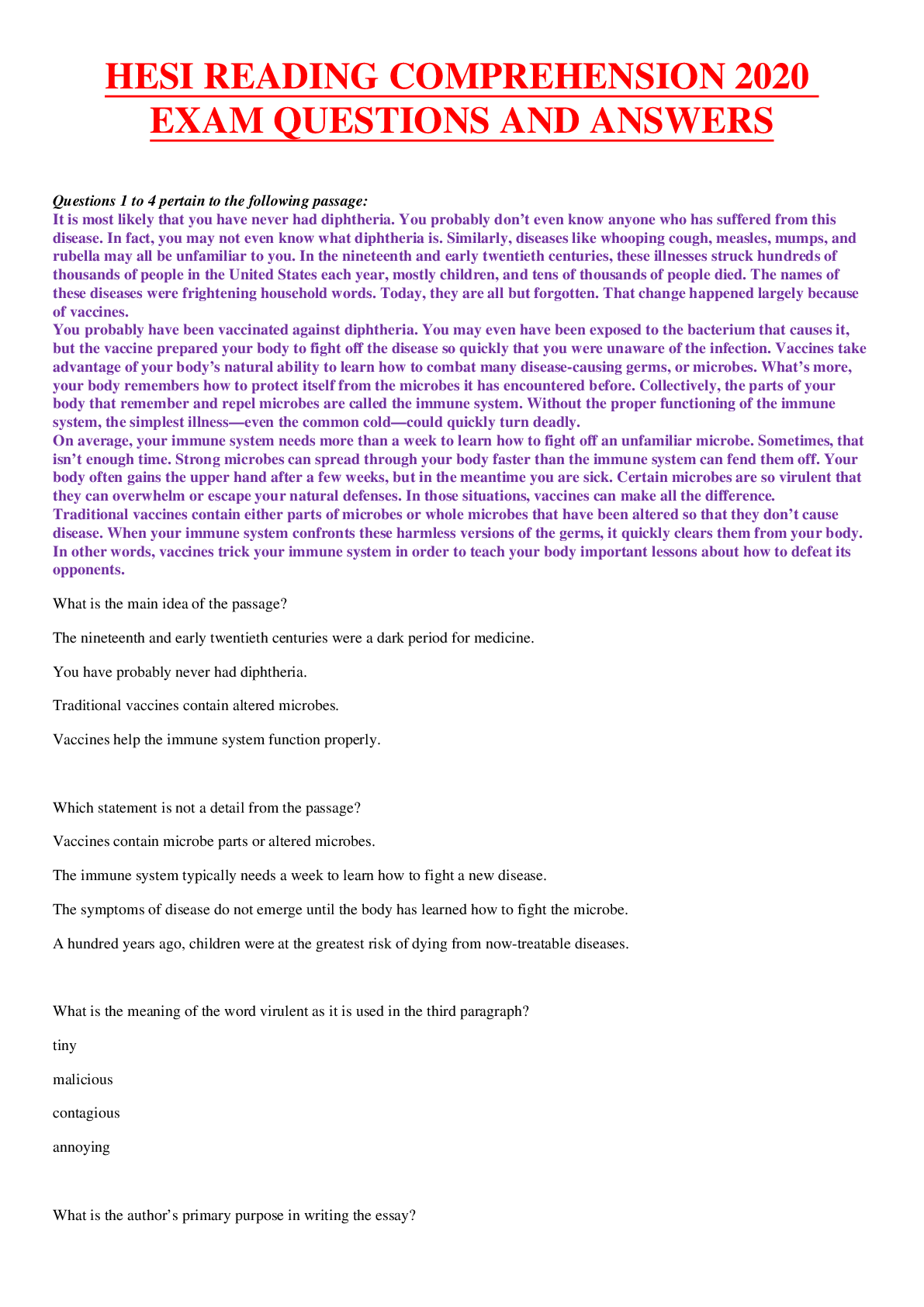 HESI READING COMPREHENSION 2020 EXAM QUESTIONS AND ANSWERS ...