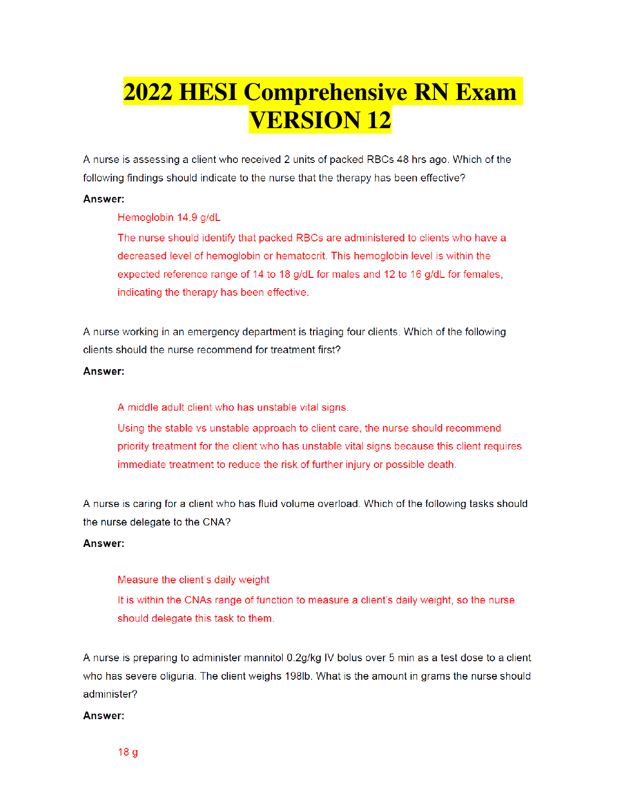 HESI RN Comprehensive Exam Version 12 Questions & Answers with ...