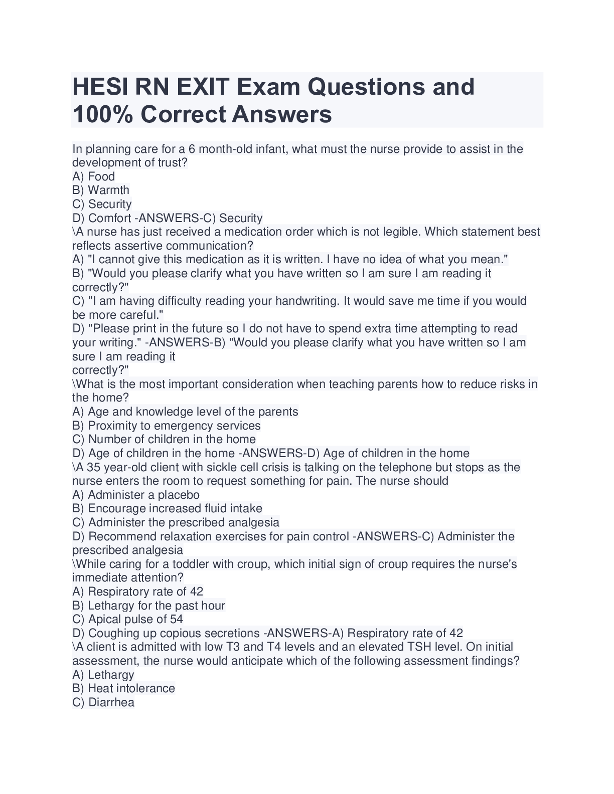 HESI RN EXIT Exam Questions and 100% Correct Answers - Scholarfriends