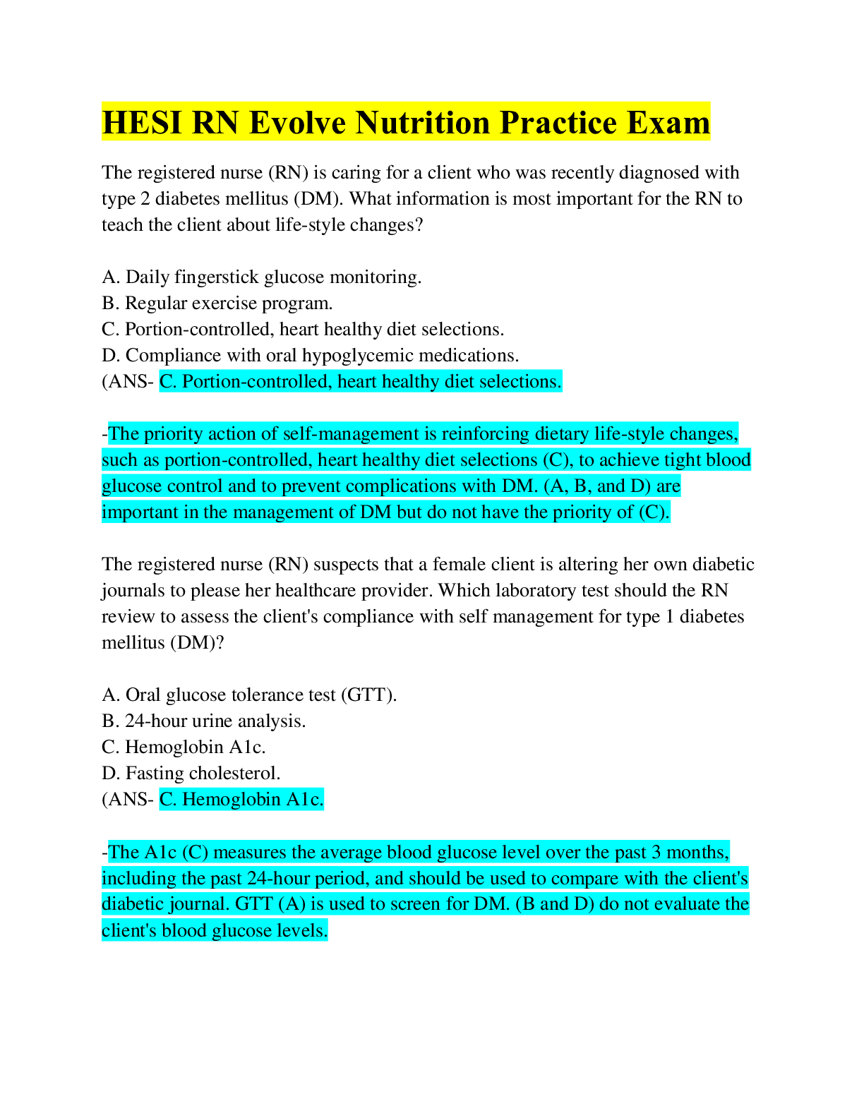 HESI RN Evolve Nutrition Practice Exam/Latest updated 2022/ Q&A With ...