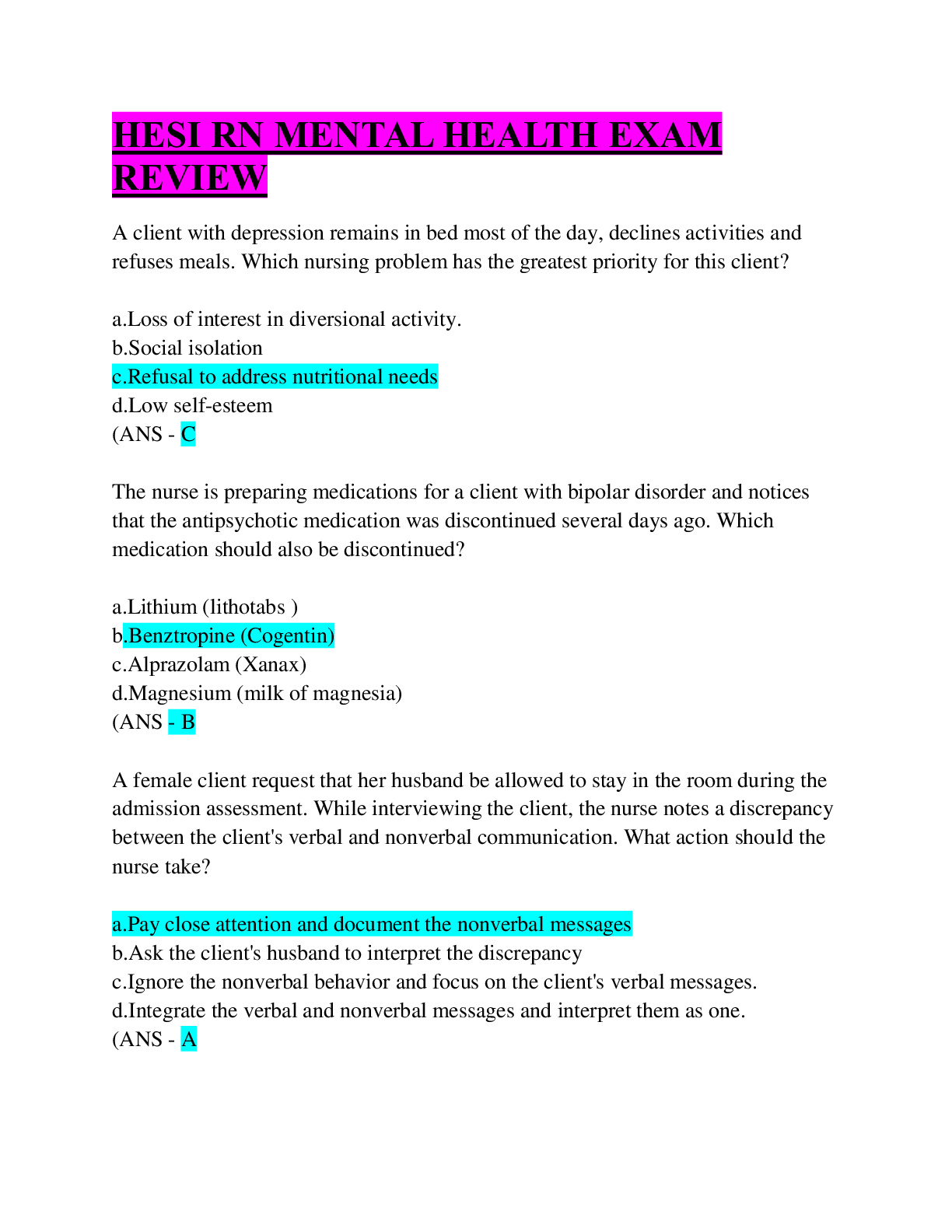 Nursing_knowledge_Assessment_Practice_Exam RN MENTAL HEALTH EXAM REVIEW ...