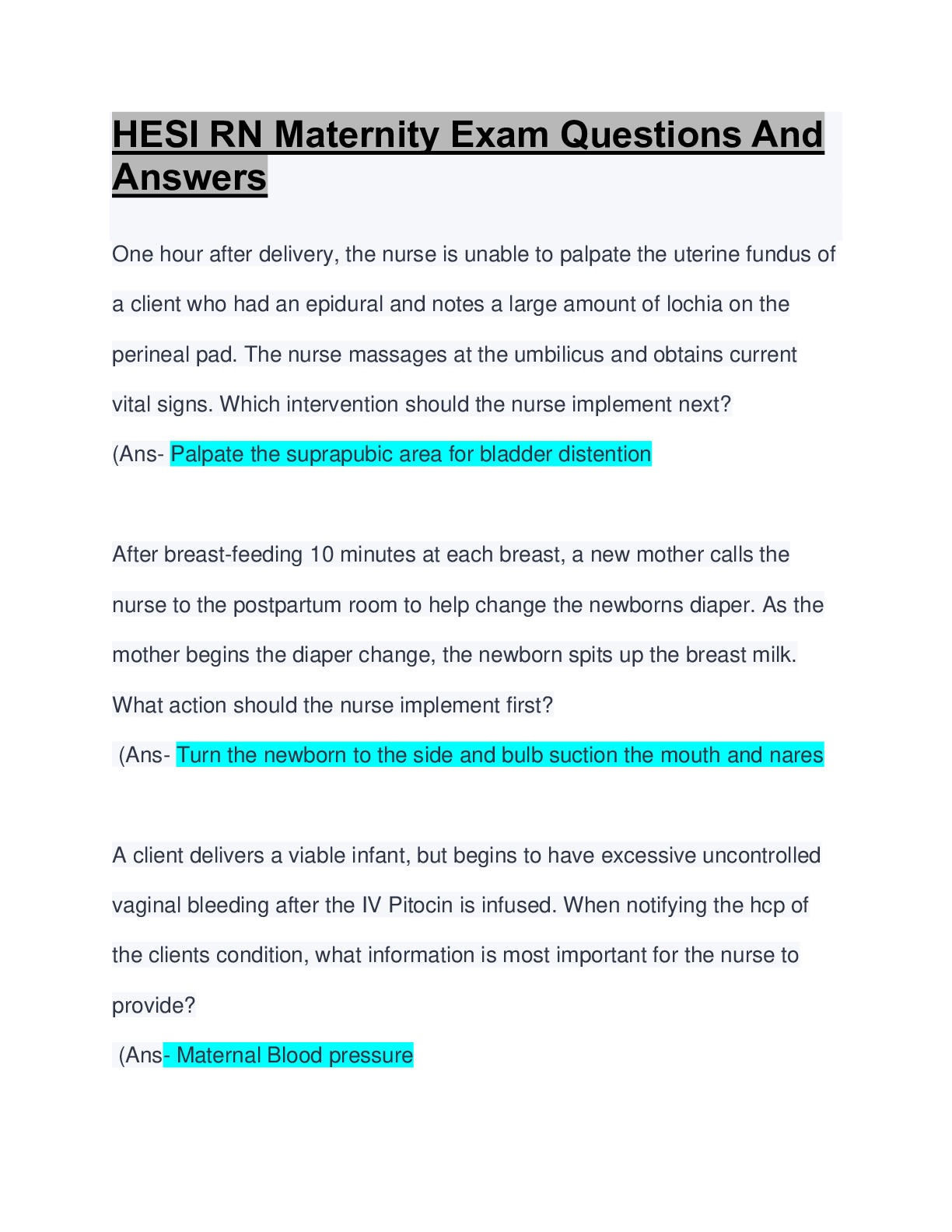 HESI RN Maternity Exam: Questions And Answers: Latest Updated A+ Guide ...