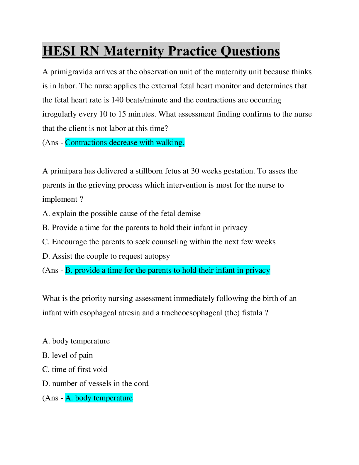 HESI RN Maternity Practice Questions & Answers; Latest Updated ...