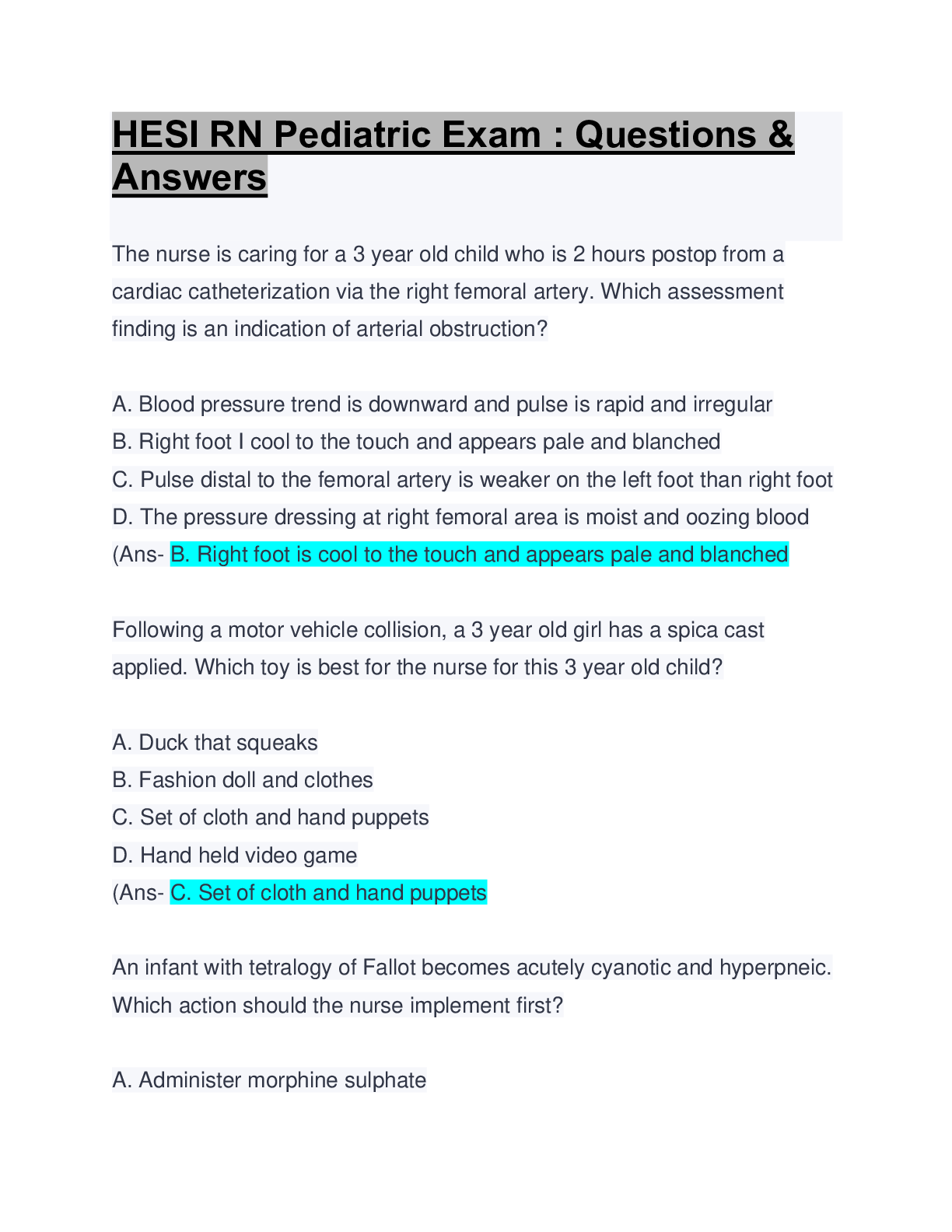 HESI RN PEDIATRIC EXAM : Questions & Answers: Guaranteed A+ Score ...