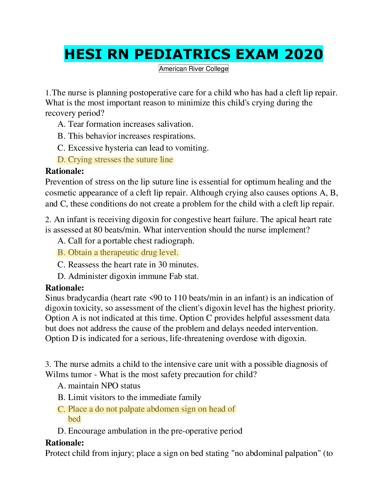 HESI RN PEDIATRICS EXAM 2020 – Scholarfriends - Scholarfriends