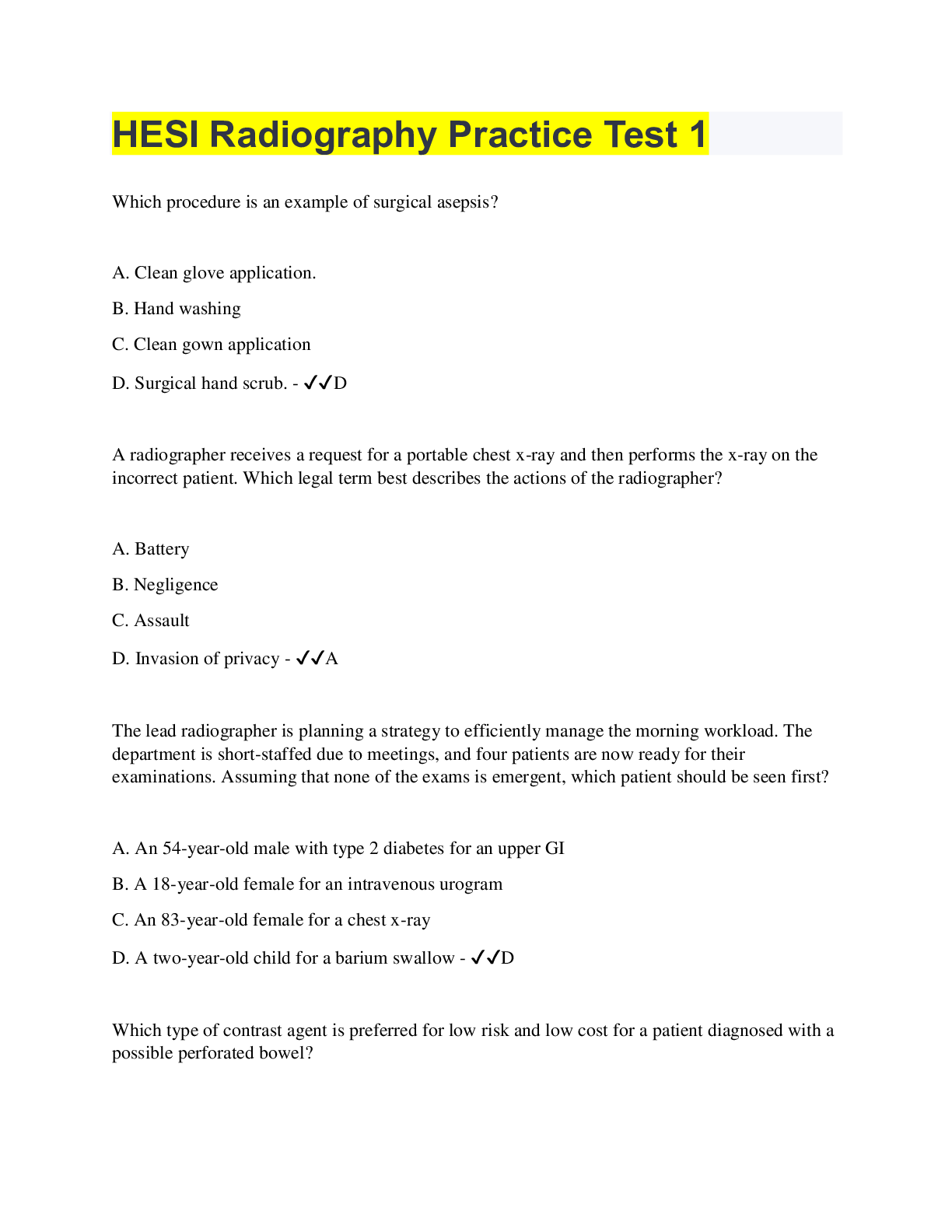 HESI Radiography Practice Test 1 (181 Questions with 100% Correct ...