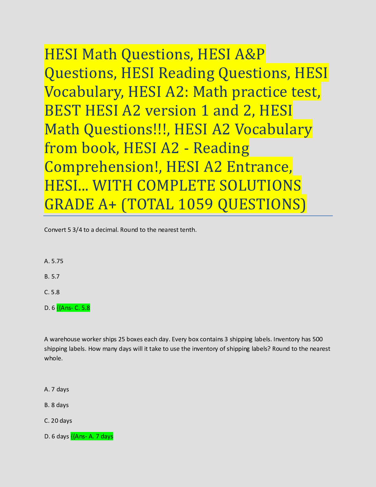 {HESI TEST BANK V1 WITH}HESI Math Questions, HESI A&P Questions, HESI ...