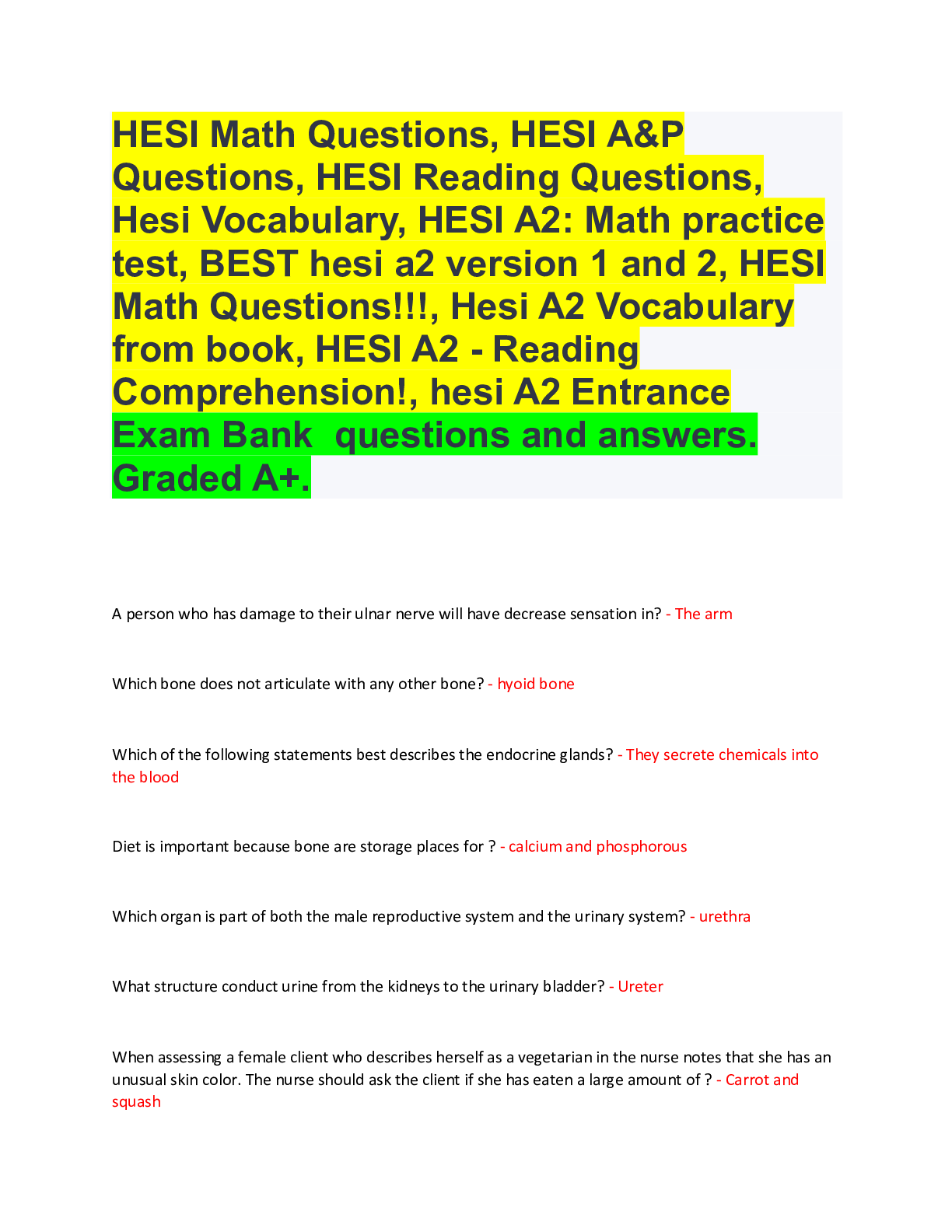 HESI Math Questions, HESI A&P Questions, HESI Reading Questions, Hesi ...
