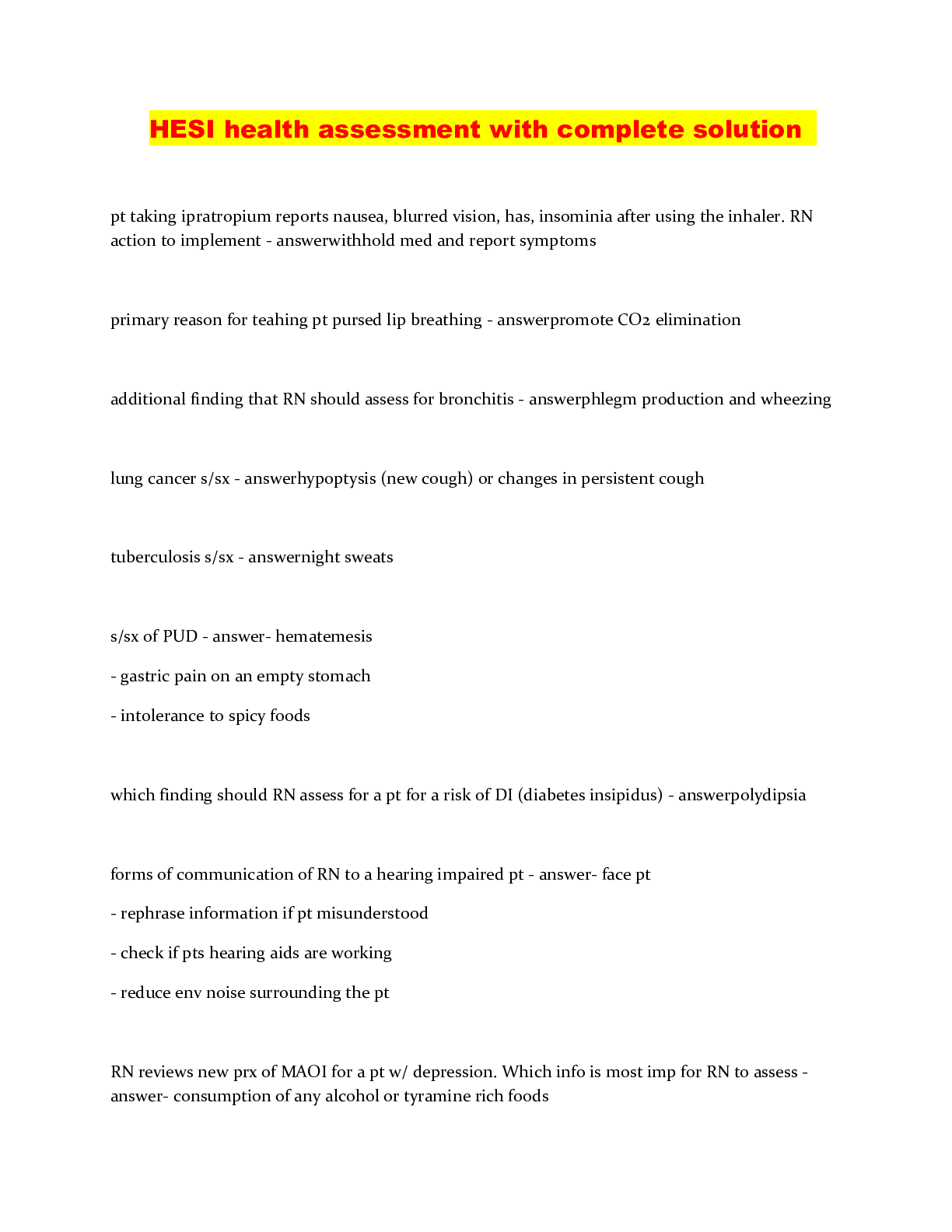 HESI health assessment With complete solution – Scholarfriends ...
