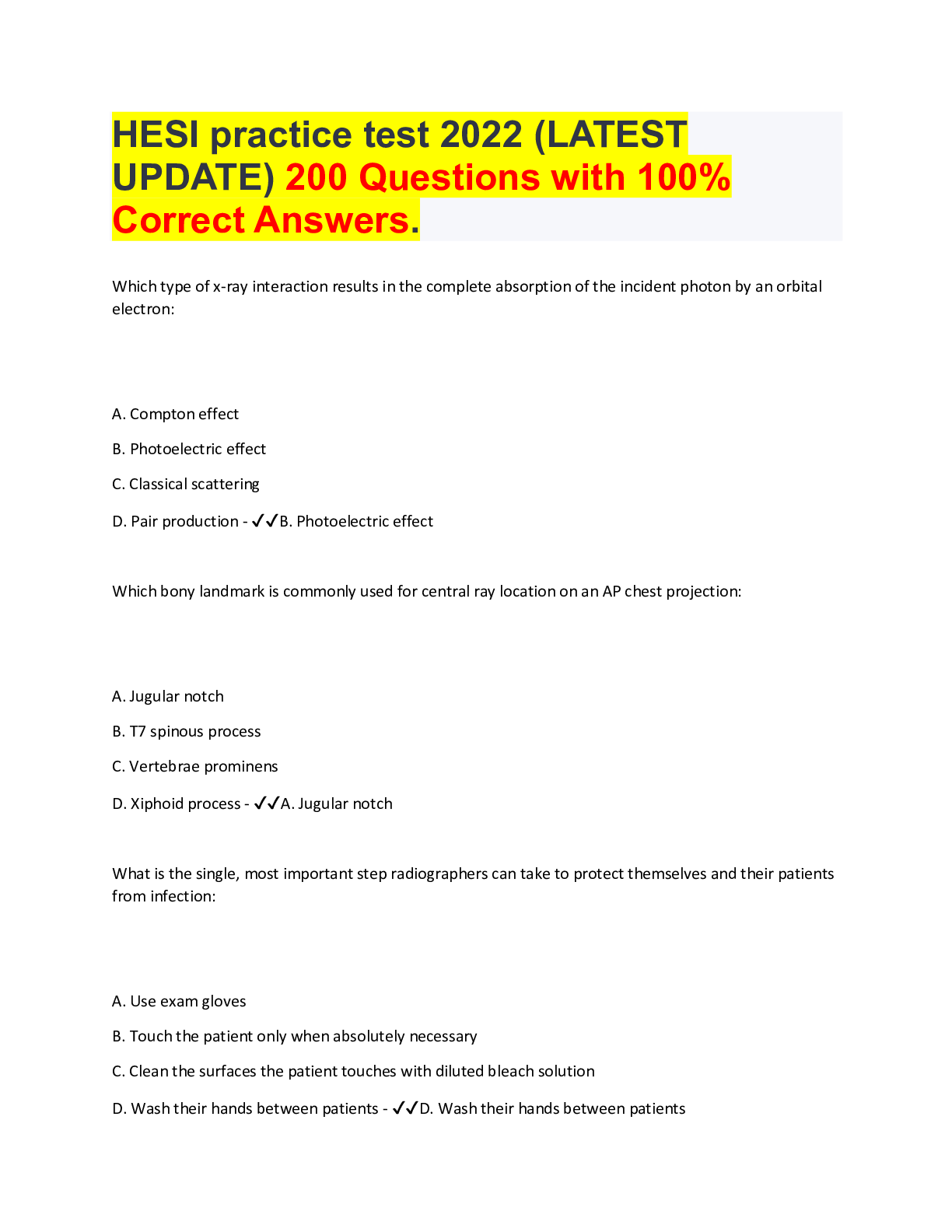 HESI practice test 2022 (LATEST UPDATE) 200 Questions with 100% Correct ...
