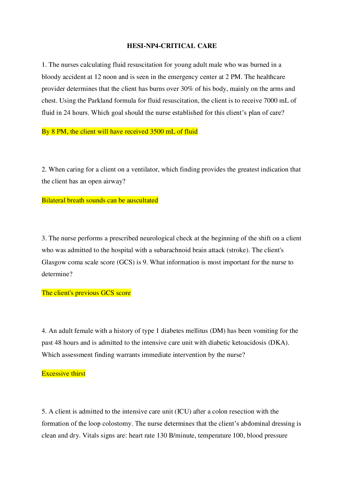 HESI NP4 Critical Care FINAL questions with Correct Answers 2021/2022 ...