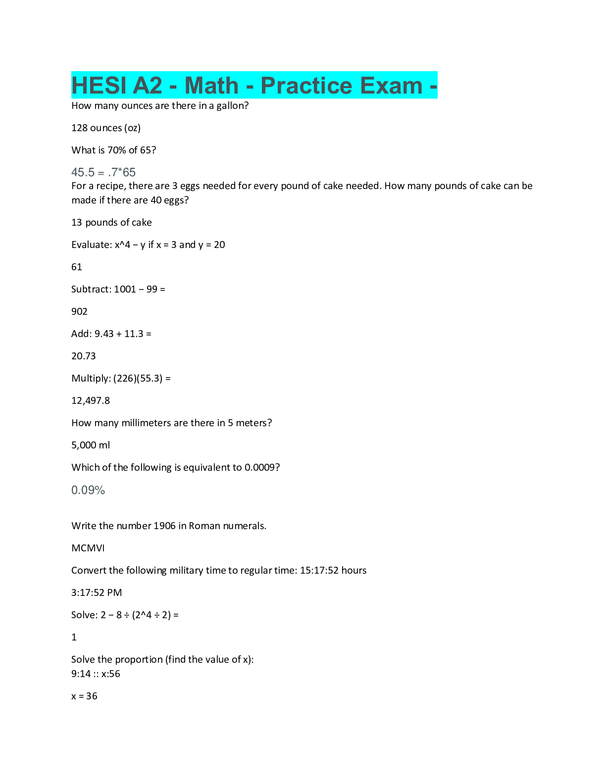 HESI A2 - Math - Practice Exam 2020/2021 - Scholarfriends