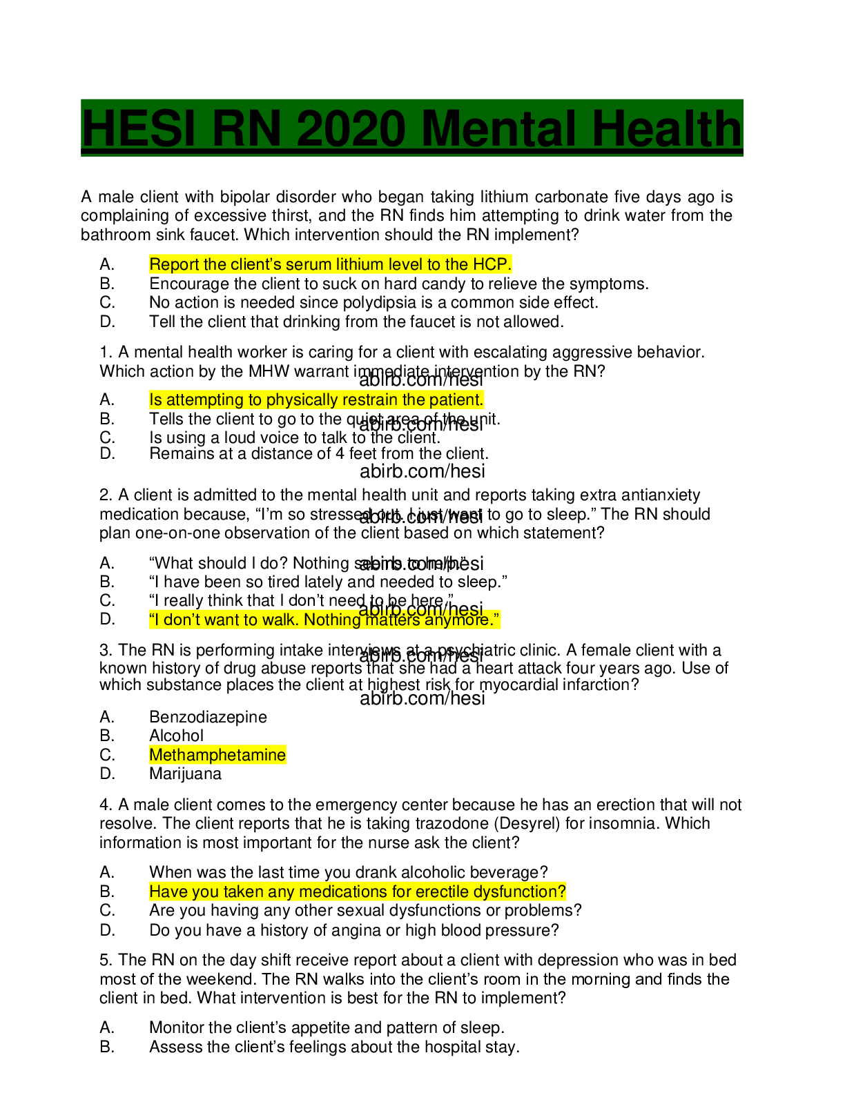 HESI RN 2020 MENTALHEALTH - Scholarfriends