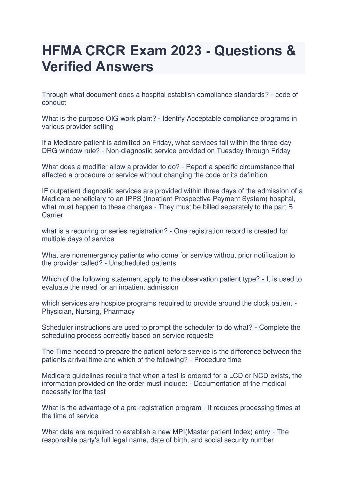 HFMA CRCR Exam 2023 - Questions & Verified Answers - Scholarfriends