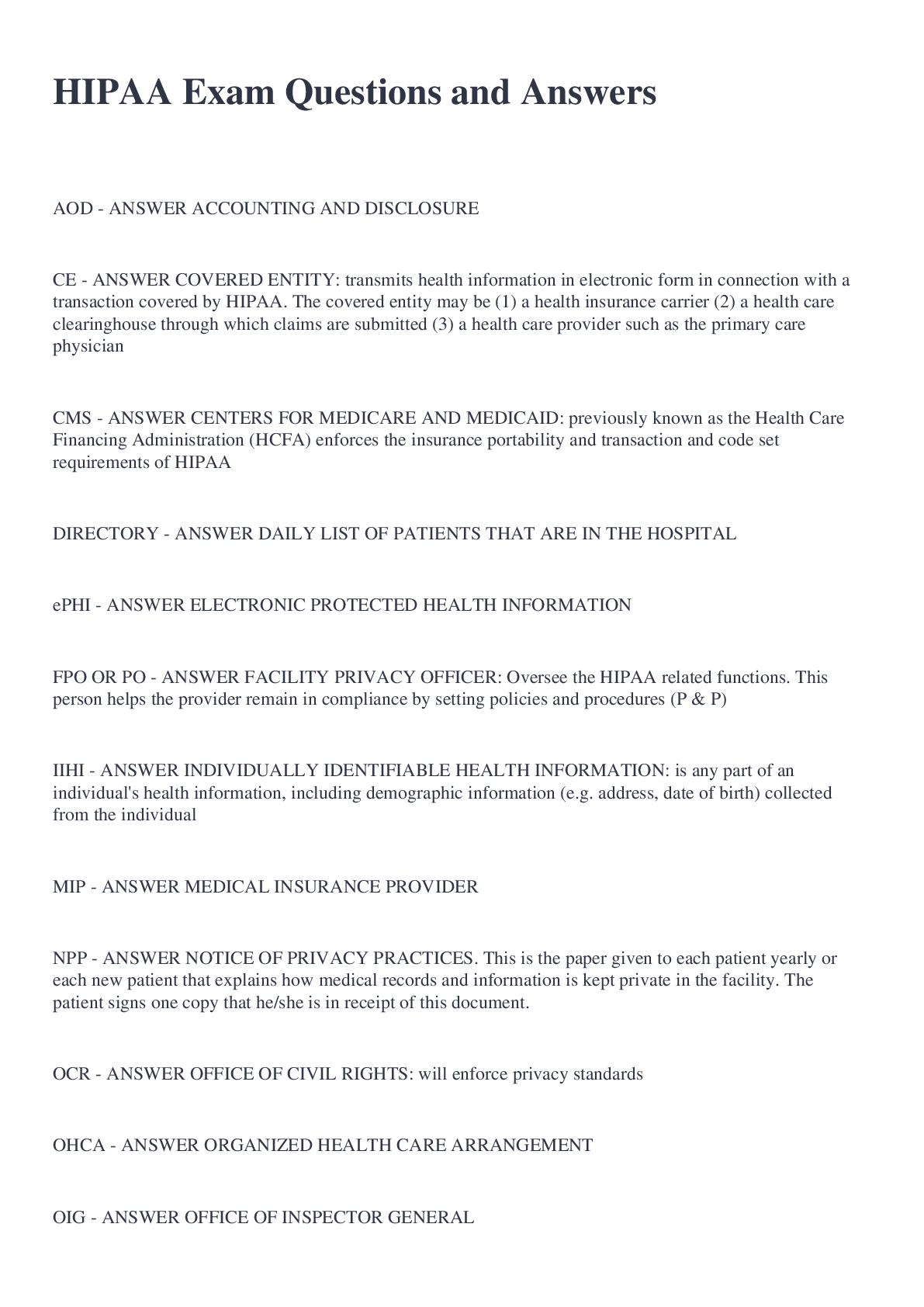 HIPAA Exam Questions and Answers - Scholarfriends