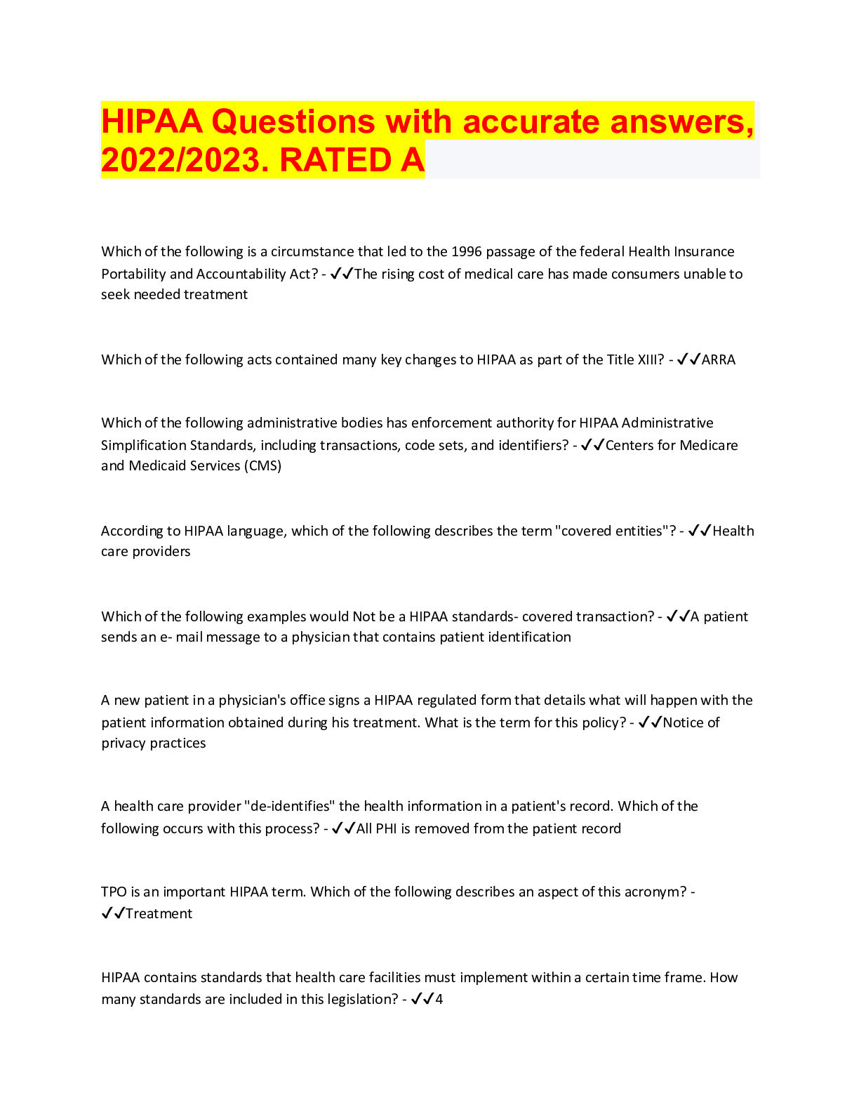 HIPAA Questions with accurate answers, 2022/2023. RATED A - Scholarfriends