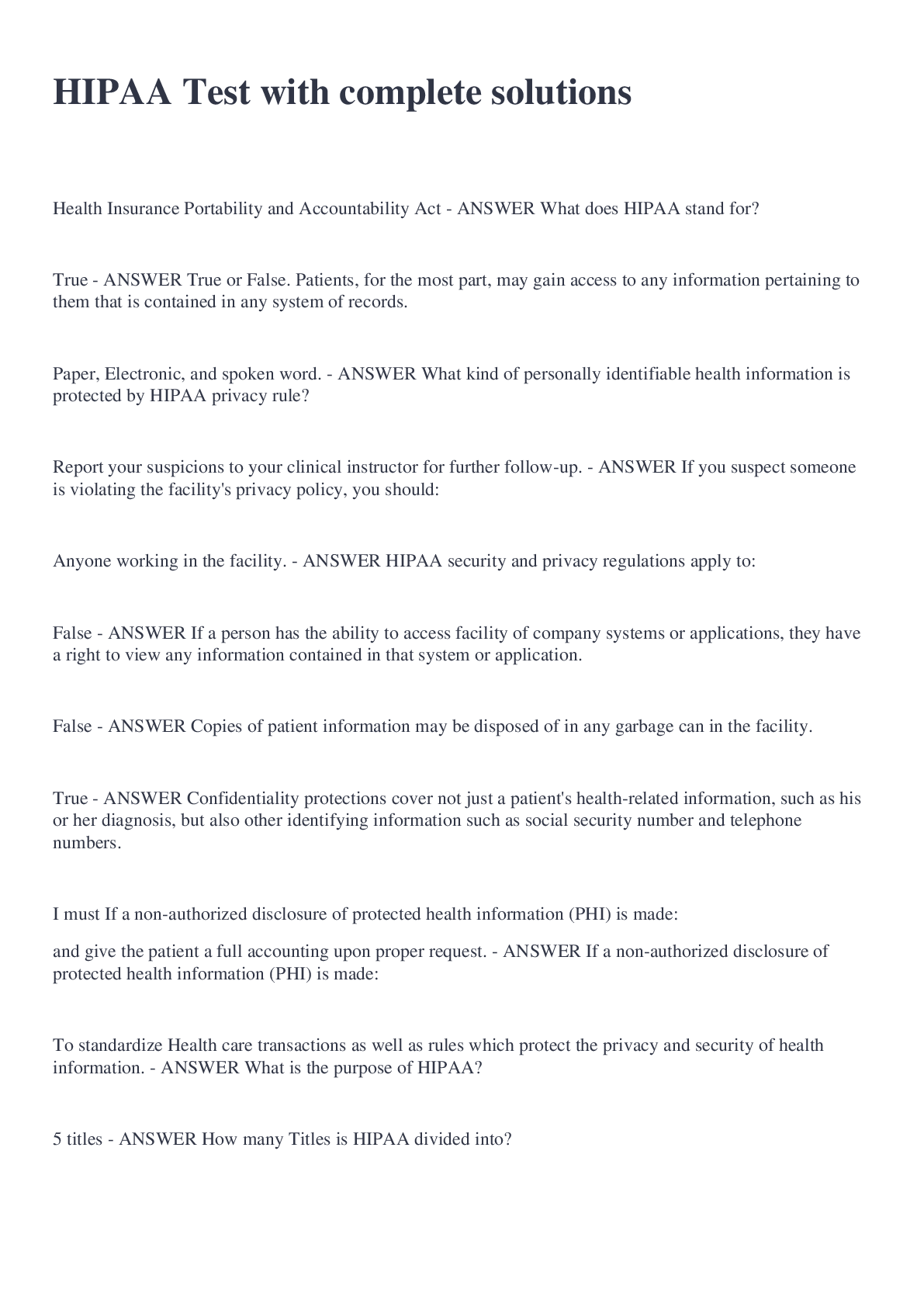 HIPAA Test with complete solutions - Scholarfriends