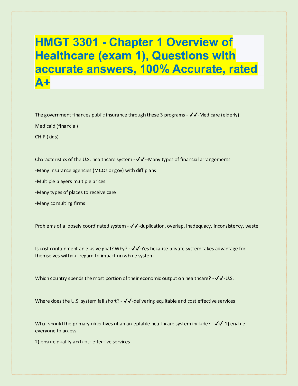 HMGT 3301 - Chapter 1 Overview of Healthcare (exam 1), Questions with ...