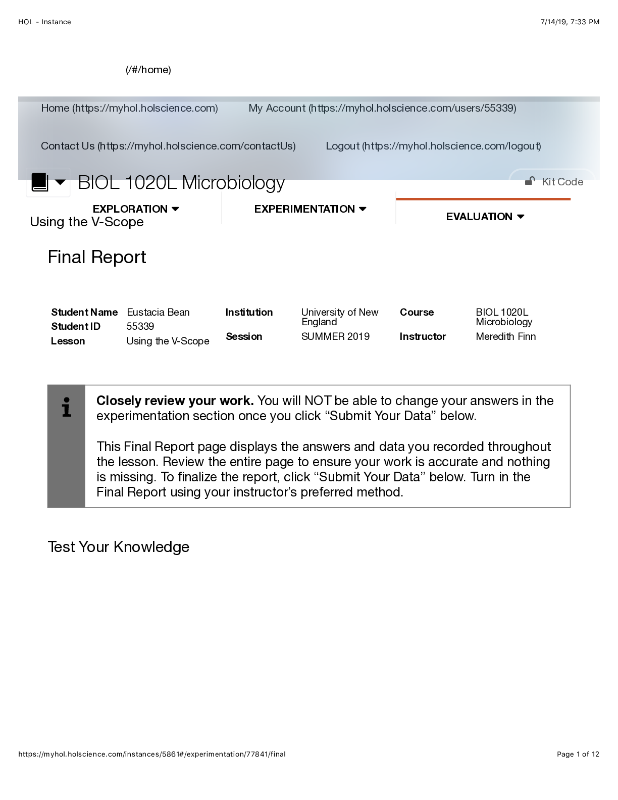 University of New England - BIOL 1020LHOL - V scope. BIOL 1020L ...