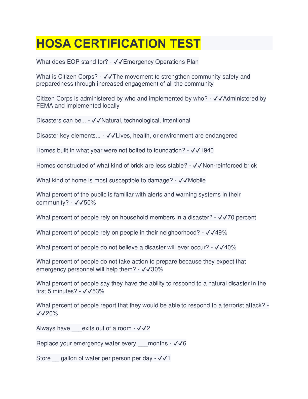 HOSA CERTIFICATION TEST | 174 Questions with 100% Correct Answers ...