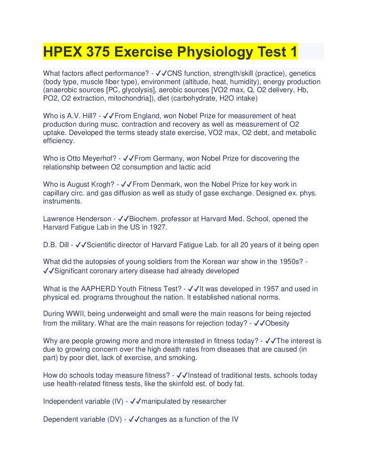 HPEX 375 Exercise Physiology Test 1, Questions with accurate answers ...