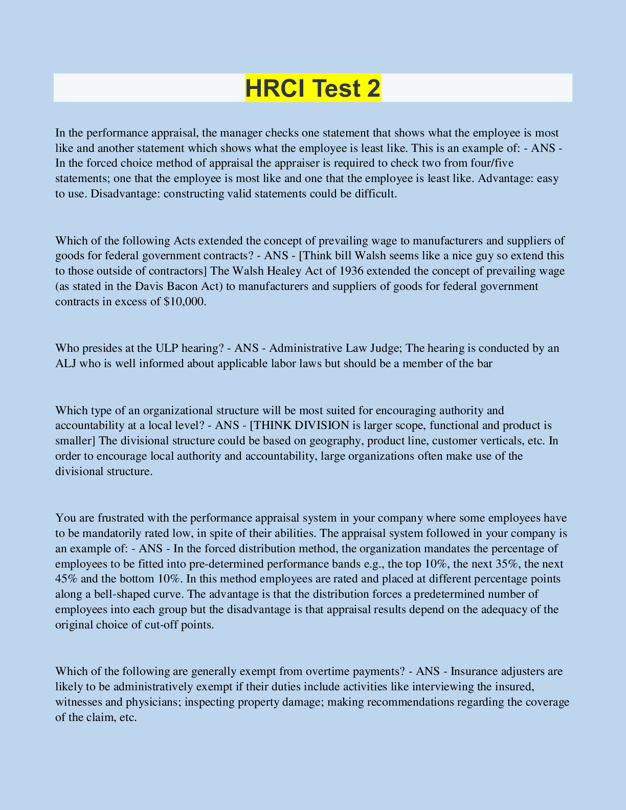 HRCI Test 2 | 170 Questions with 100% Correct Answers | Verified ...