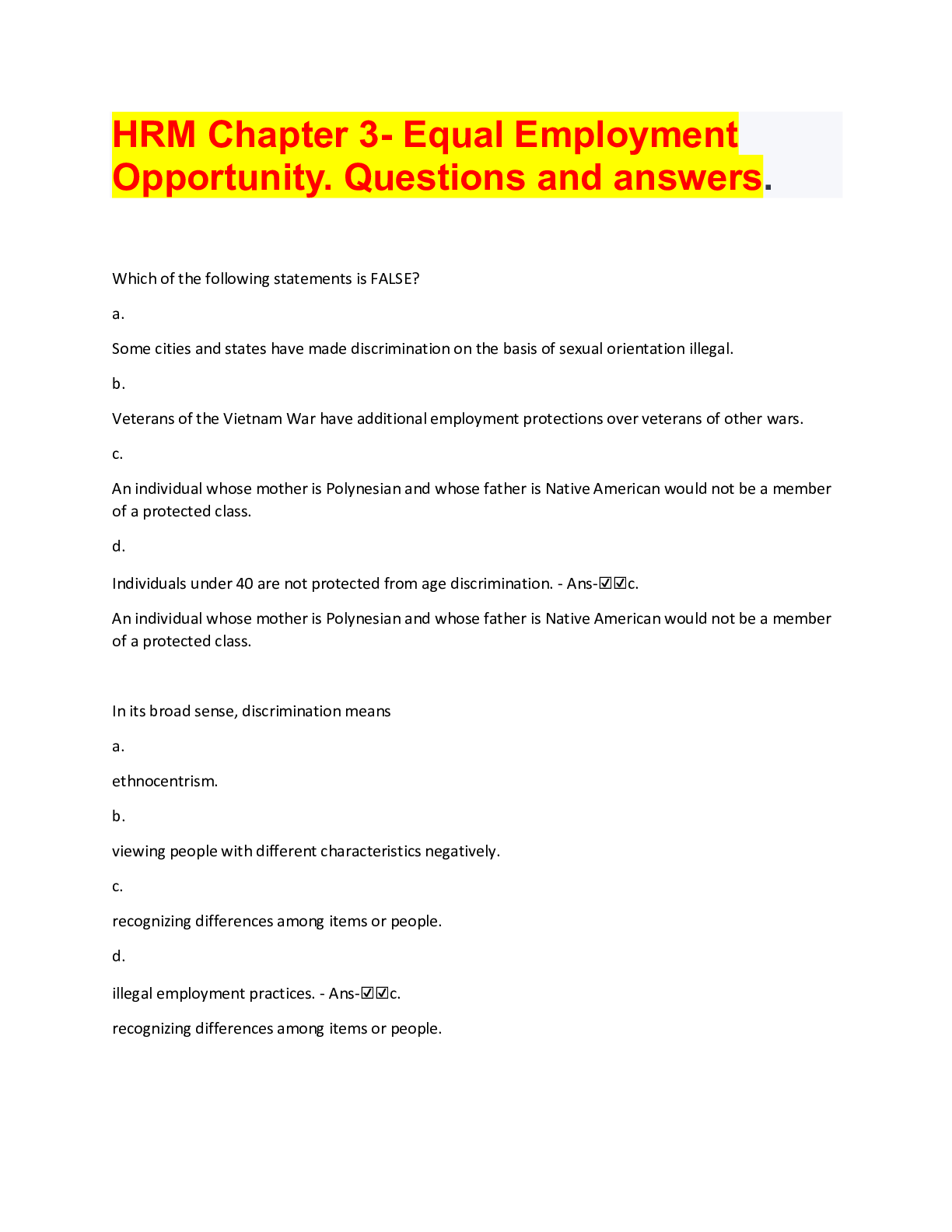 HRM Chapter 3- Equal Employment Opportunity. Questions and answers ...
