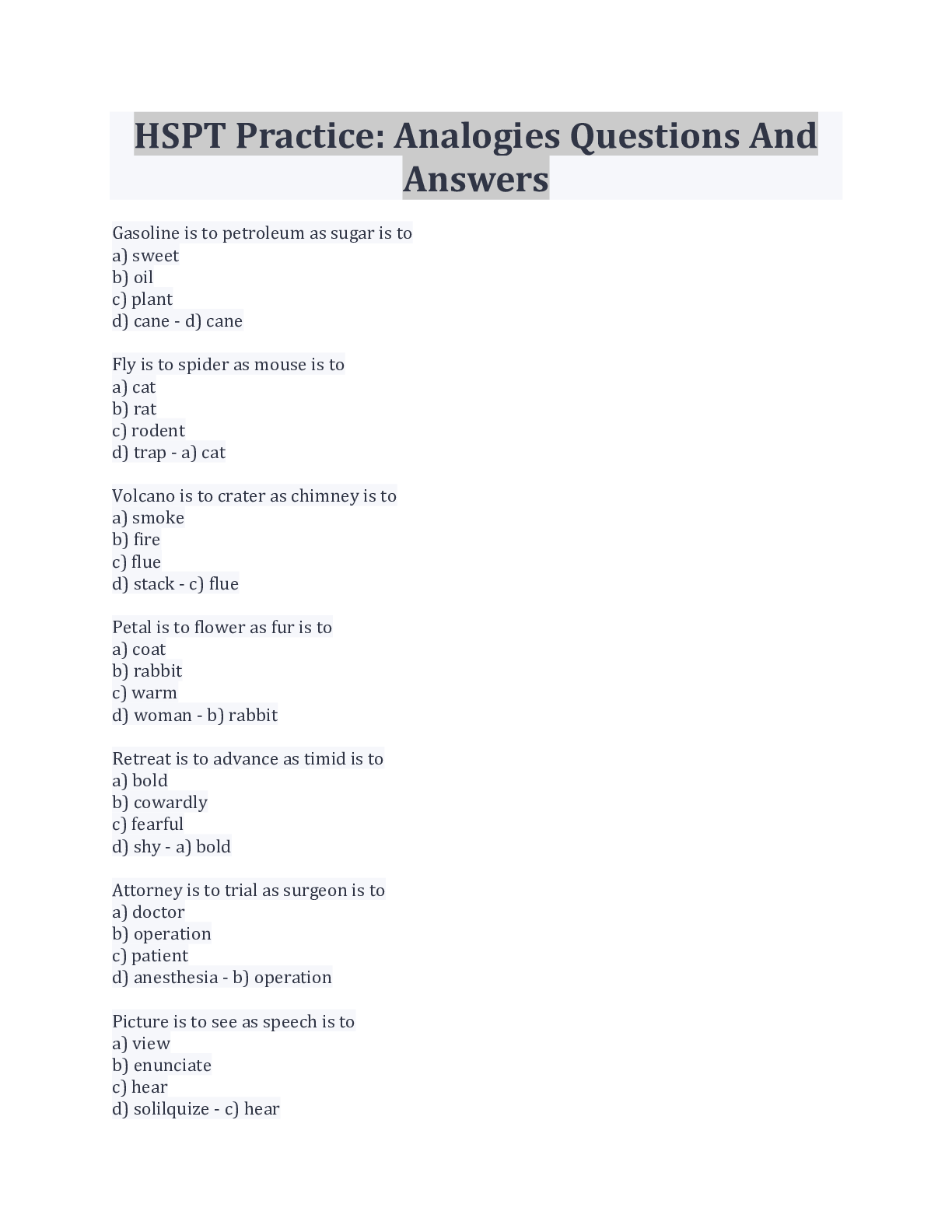 HSPT Practice: Analogies Questions And Answers - Scholarfriends