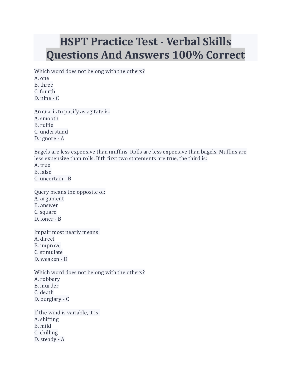 HSPT Practice Test - Verbal Skills Questions And Answers 100% Correct ...