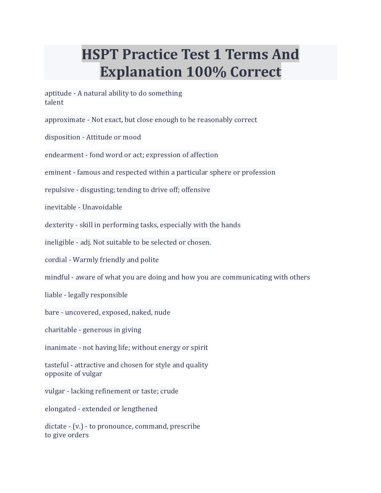 HSPT Practice Test 1 Terms And Explanation 100% Correct - Scholarfriends