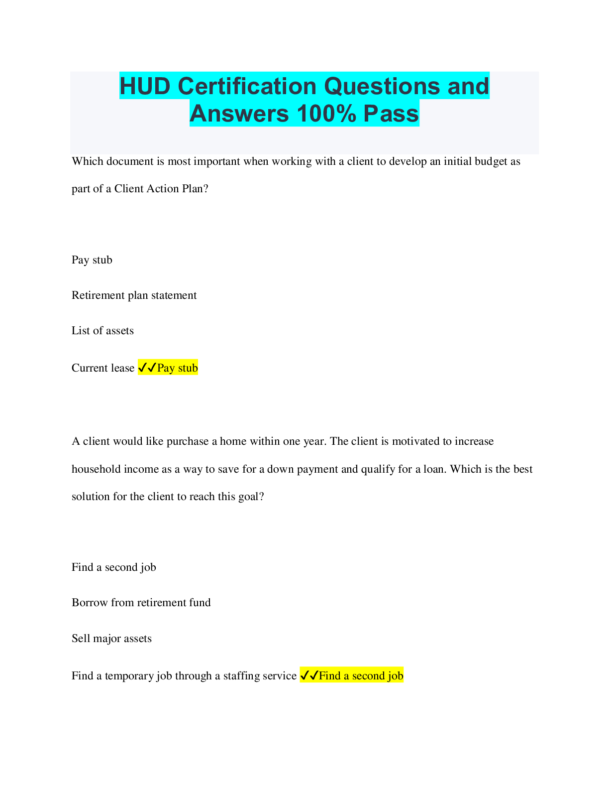 HUD Certification Questions and Answers 100% Pass - Scholarfriends