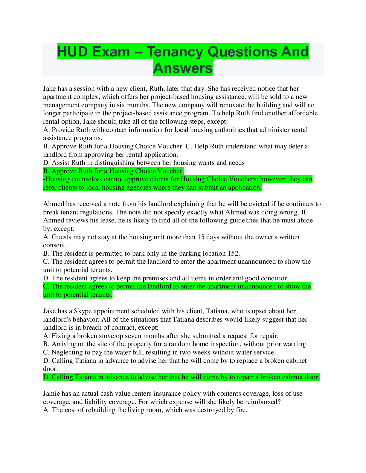 HUD Exam – Tenancy Questions And Answers/ Download To Score An ...