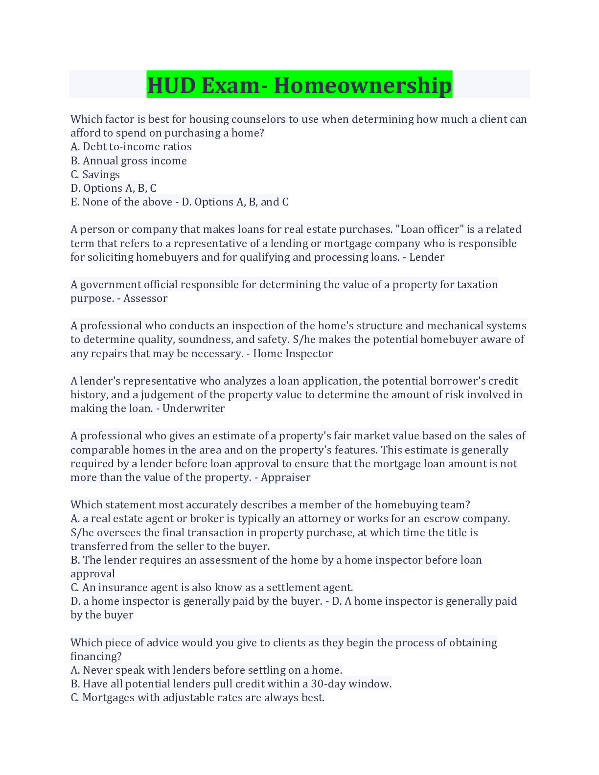HUD Exam- Homeownership With Complete Solution Questions And Answers ...