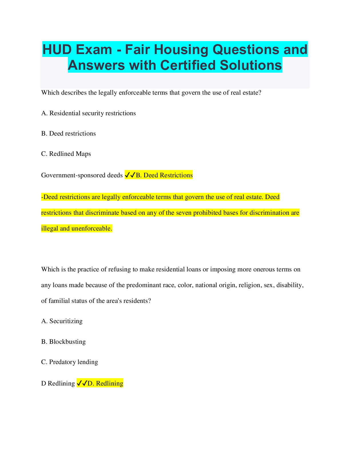 HUD Exam - Fair Housing Questions and Answers with Certified Solutions ...