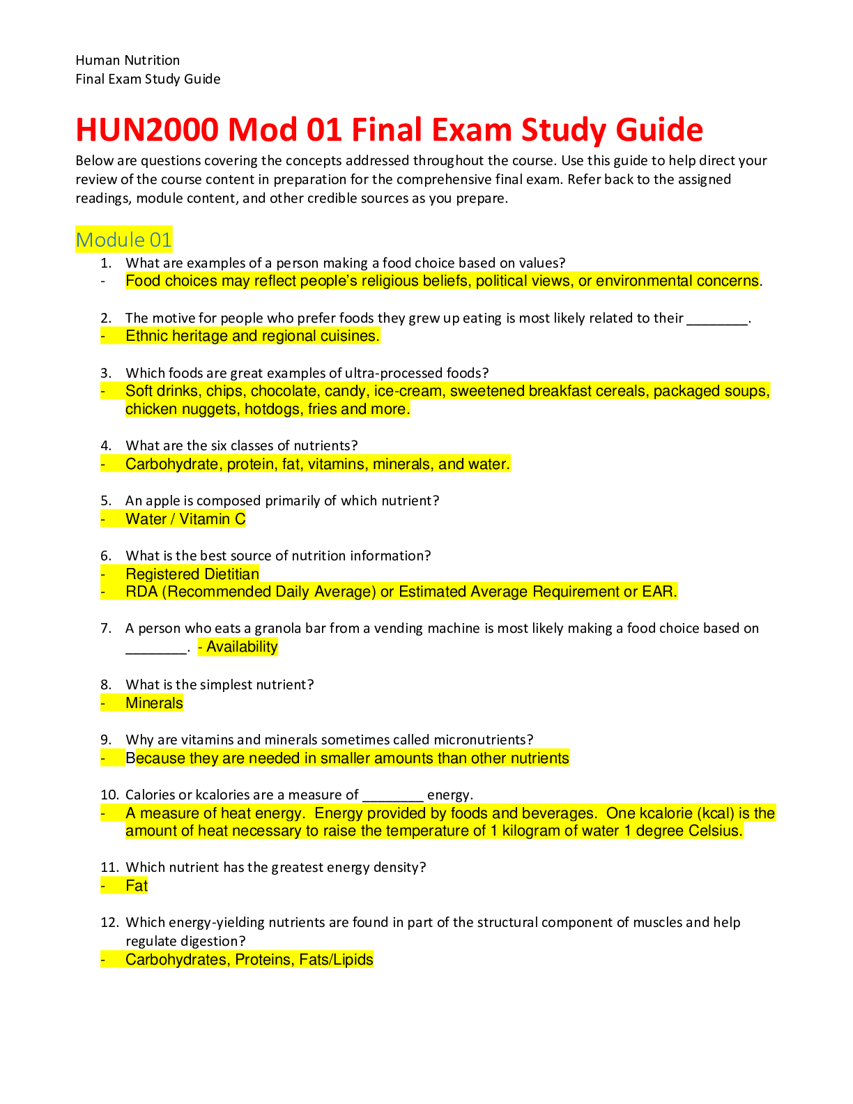 HUN2000 Mod 01 Final Exam Study Guide - Scholarfriends