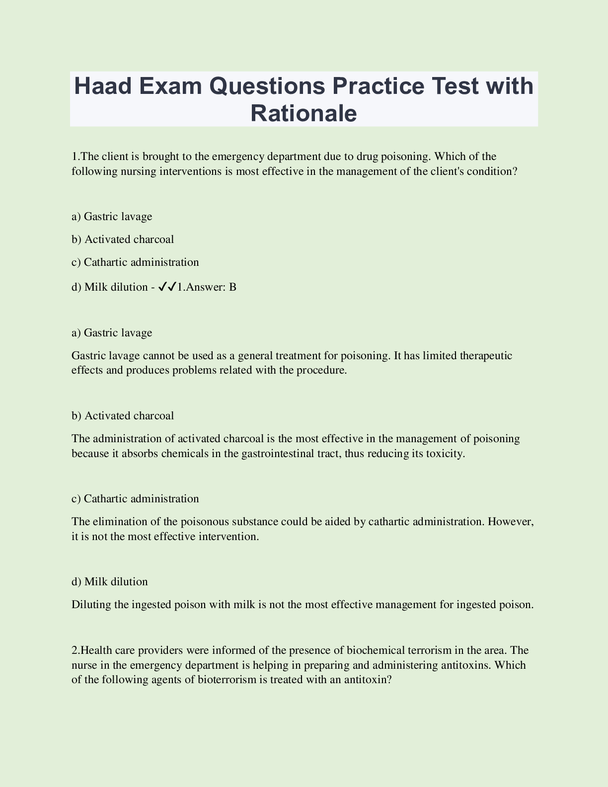 Haad Exam Questions Practice Test with Rationale | Questions with 100% ...
