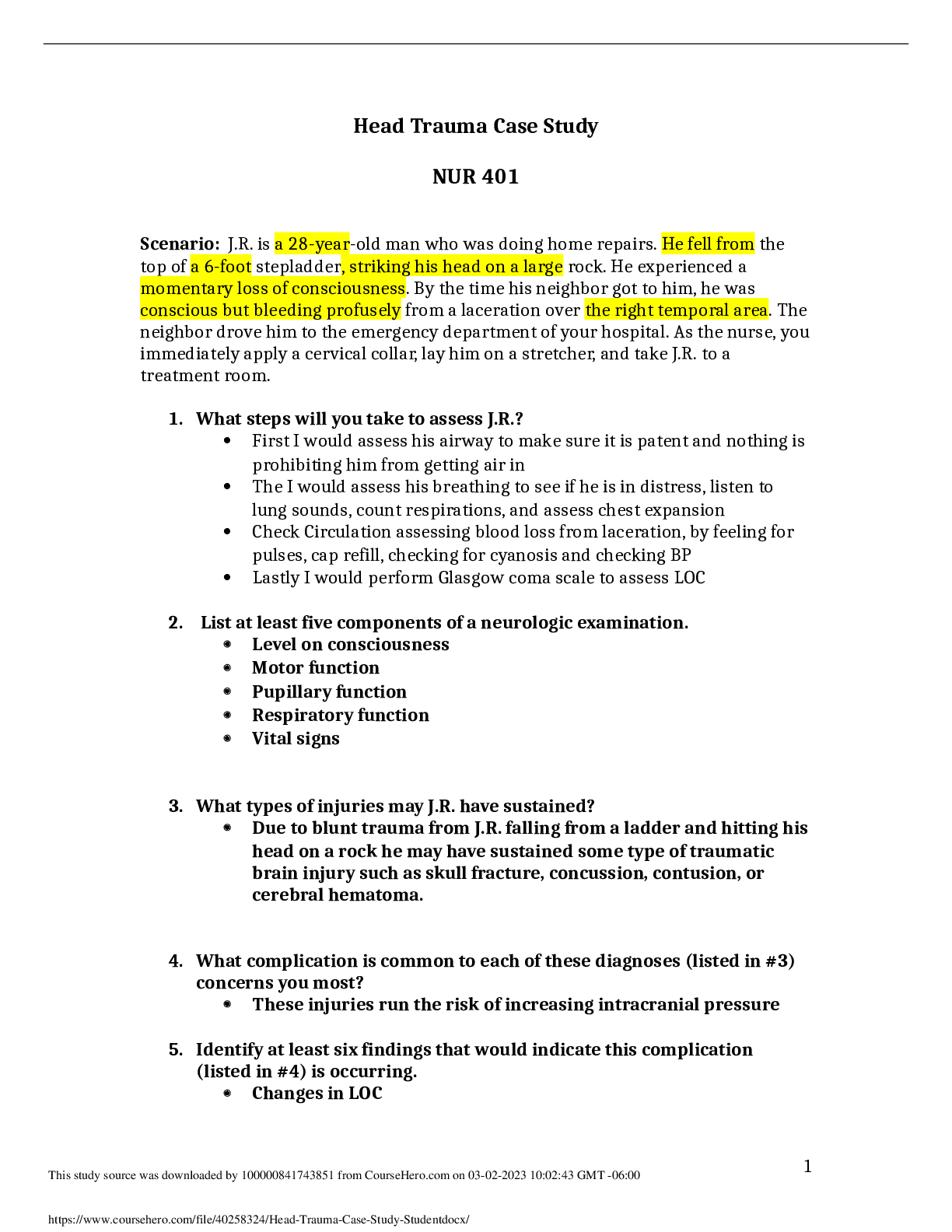 Head Trauma Case Study 2023 - Scholarfriends