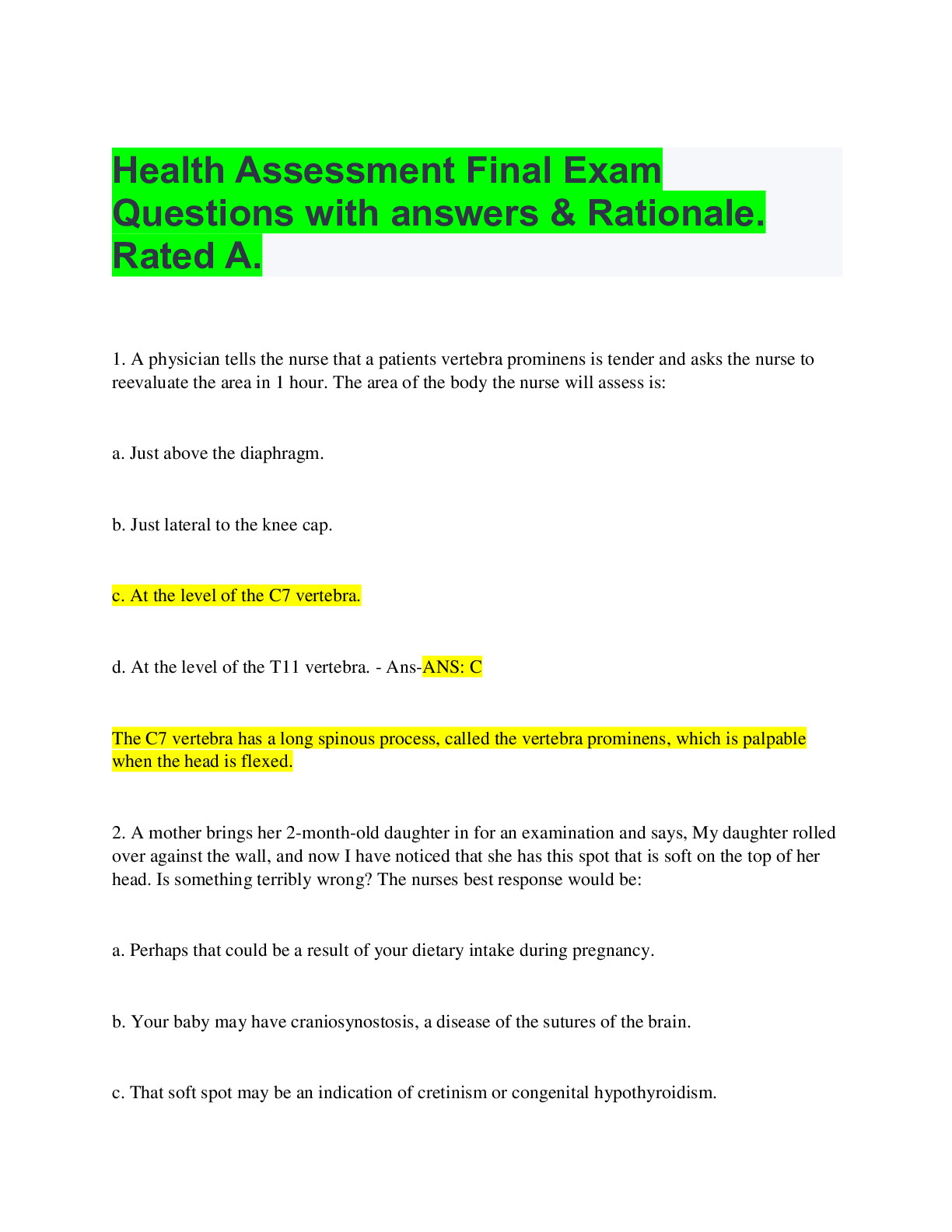 Health Assessment Final Exam Questions with answers & Rationale. Rated ...