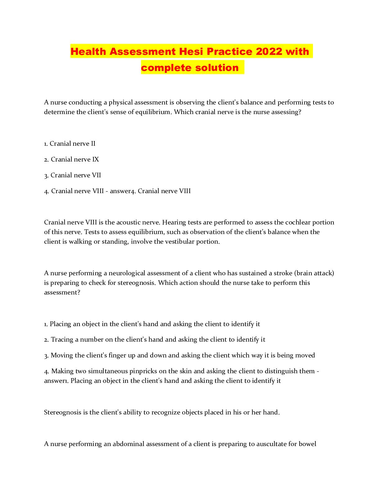 Health Assessment Hesi Practice 2022 with complete solution ...