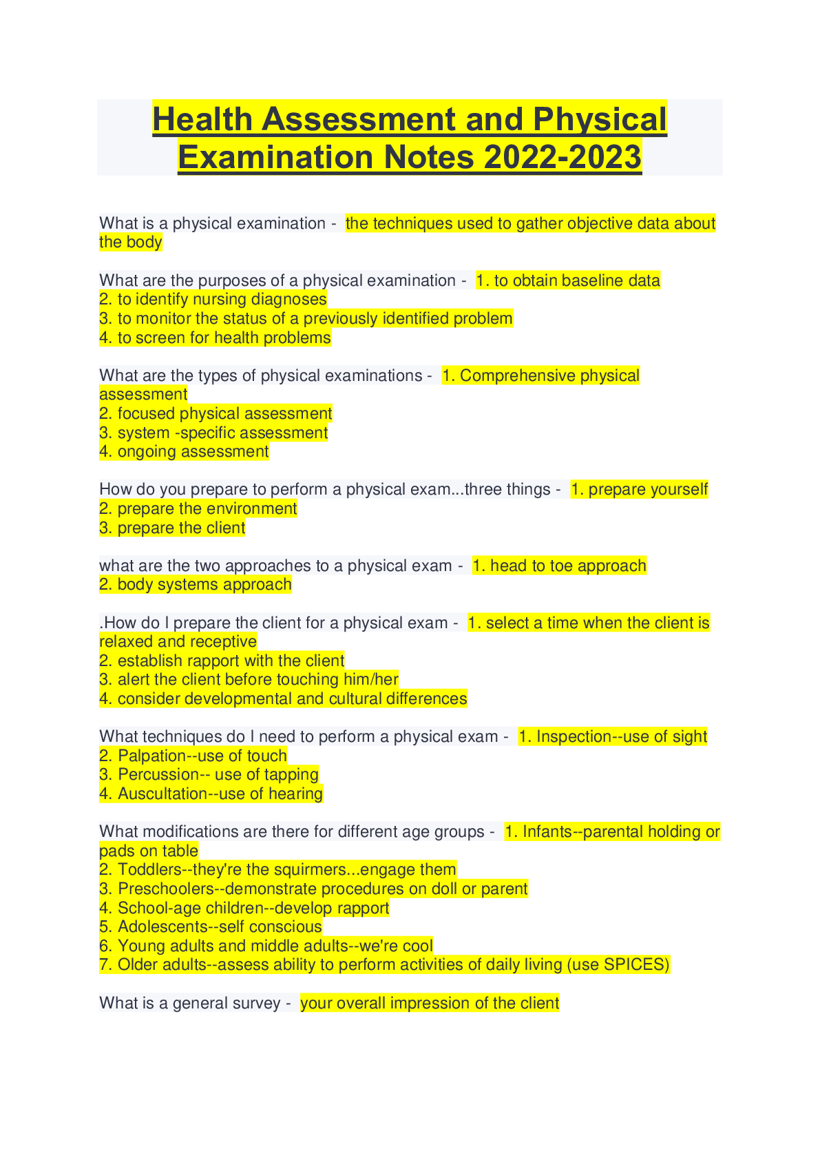 Health Assessment and Physical Examination Notes 2022-2023 - Scholarfriends