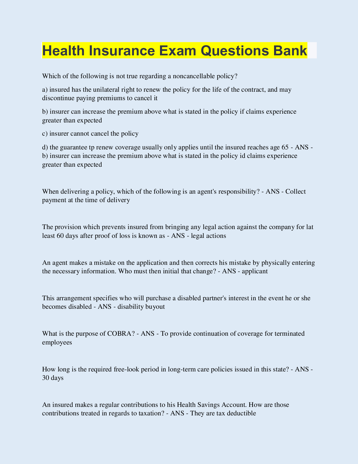 Health Insurance Exam Questions Bank | 280 Questions with 100% Correct ...