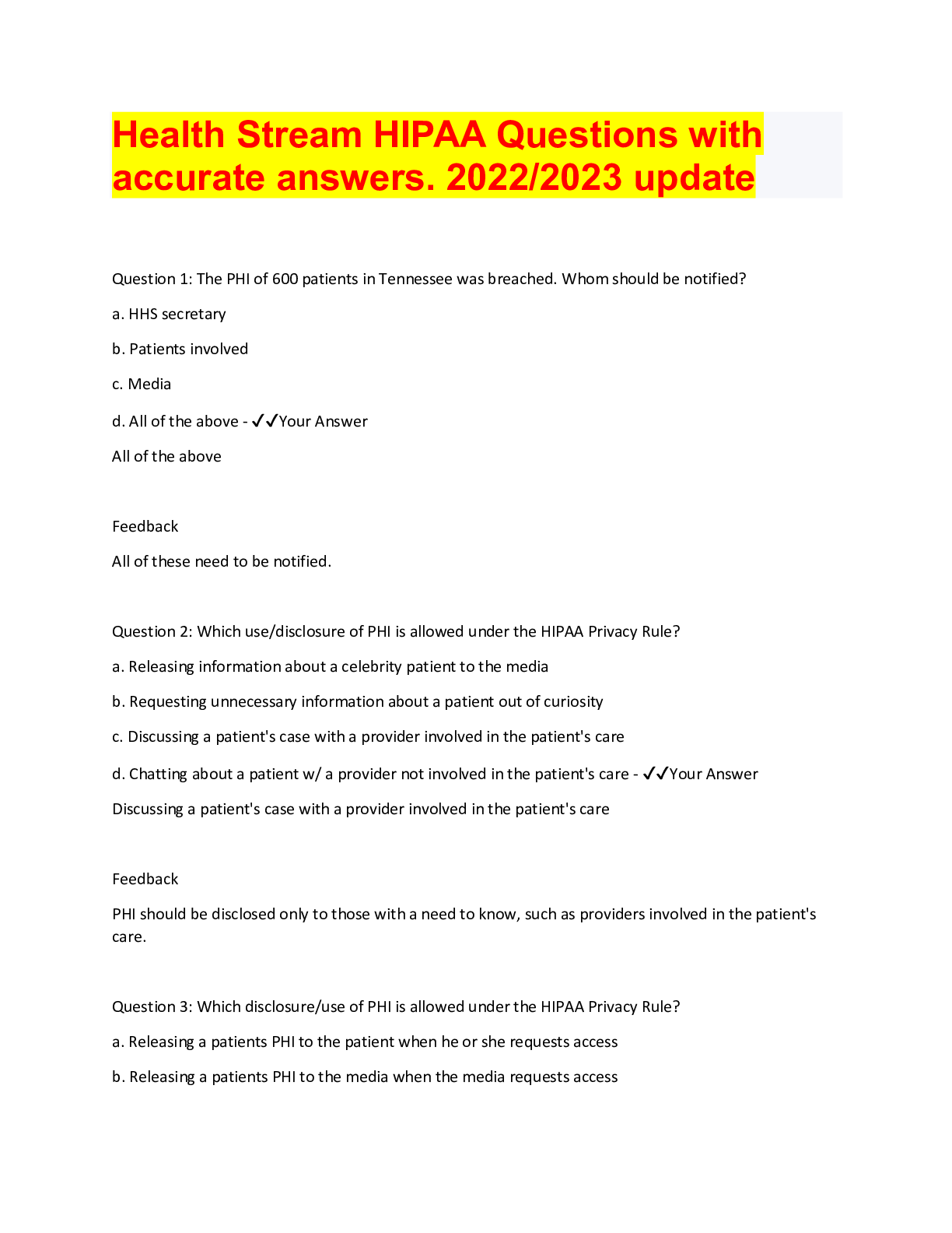 Health Stream HIPAA Questions with accurate answers. 2022/2023 update ...