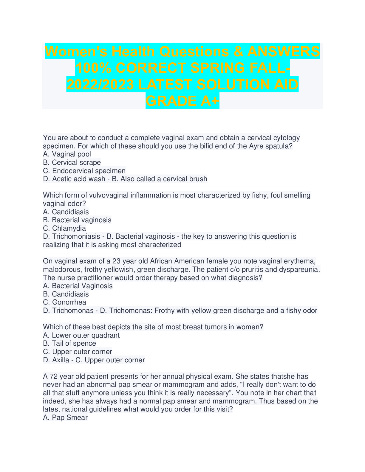 Women's Health Questions & ANSWERS 100% CORRECT SPRING FALL- 2022/2023 ...