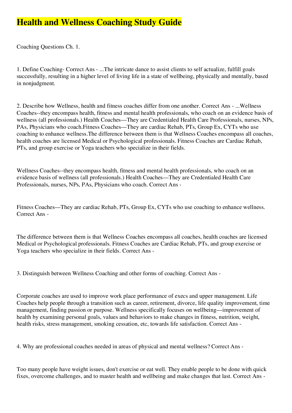 Health and Wellness Coaching Study Guide - Scholarfriends