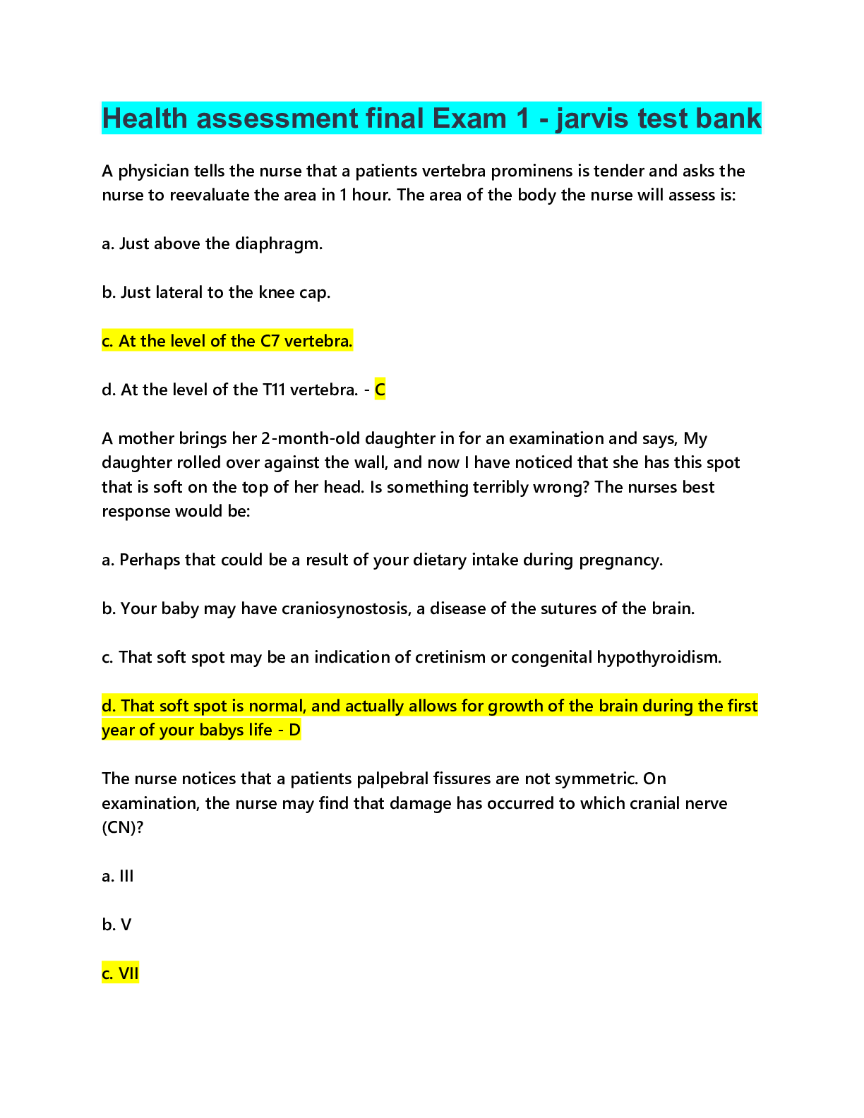 (Answered) Health assessment final Exam 1 - jarvis test bank ...
