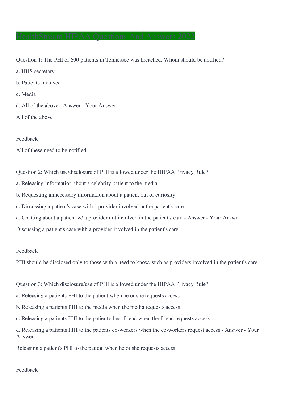 HealthStream HIPAA Questions And Answers 2022 - Scholarfriends